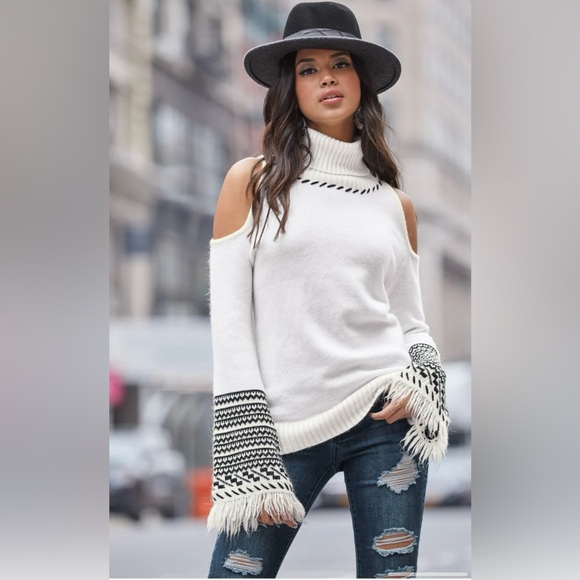 VENUS | Sweaters | Venus Cold Shoulder Fringe Bell Sleeve Sweater ...